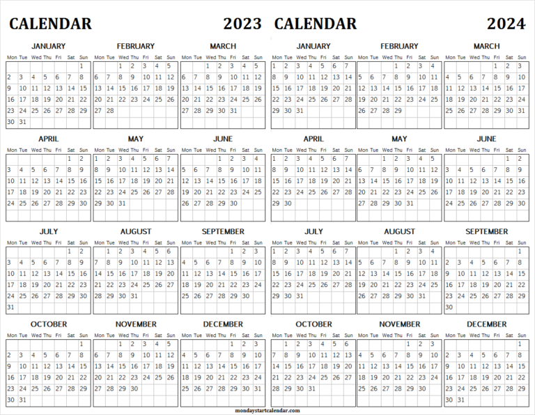 Printable Yearly Calendar 2023 Starting Monday - YearlyCalendars.net Printable Yearly Calendar 2023 Starting Monday - YearlyCalendars.net